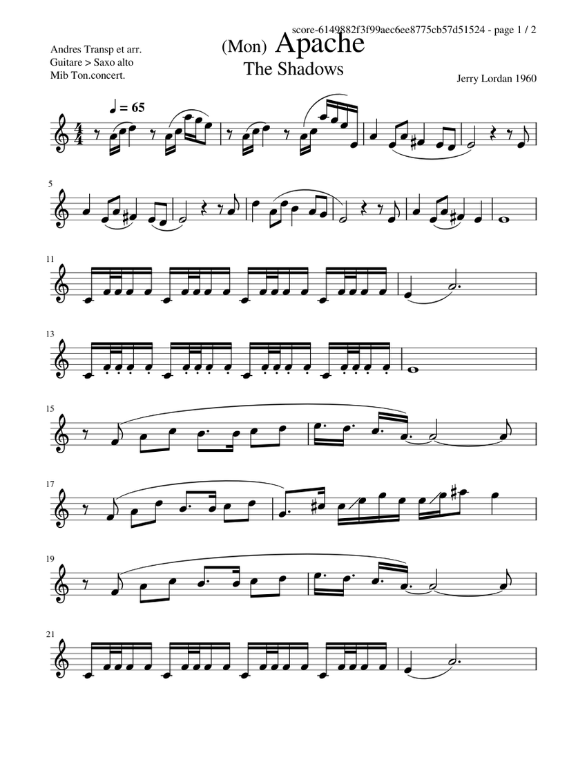 Apache Sheet music for Saxophone alto (Solo) | Musescore.com