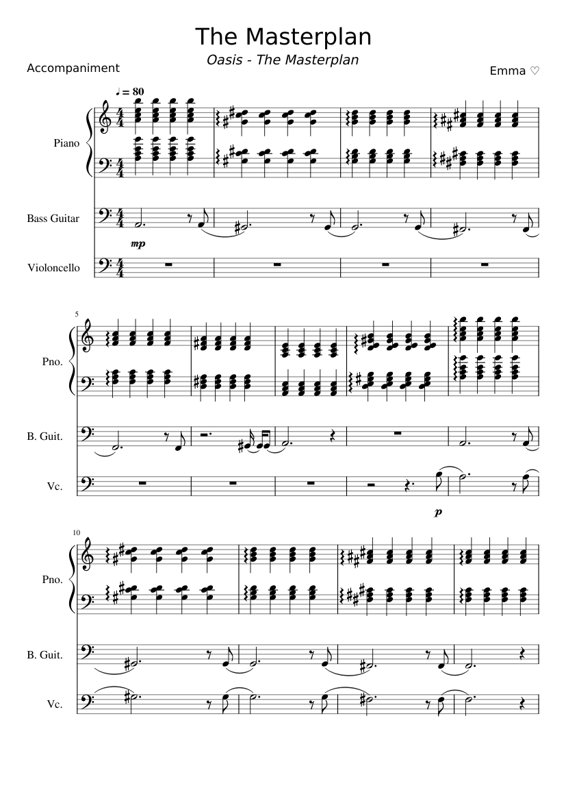 The Masterplan - Oasis Sheet Music for Piano, Cello, Bass guitar (Piano ...