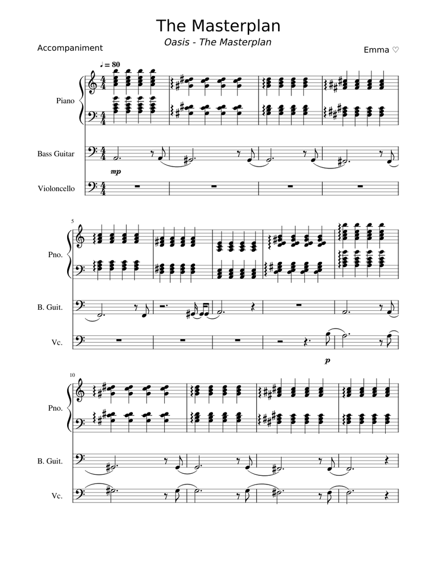 The Masterplan - Oasis Sheet music for Piano, Cello, Bass guitar (Piano ...