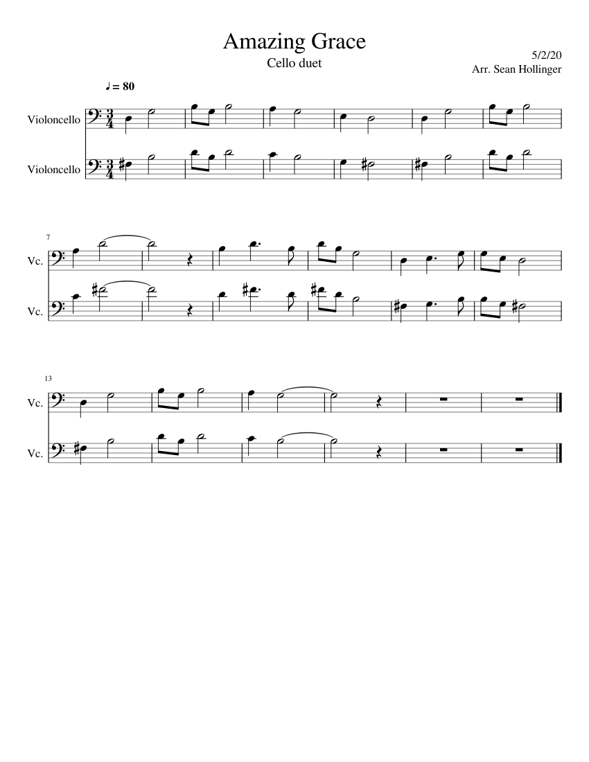 Amazing Grace Sheet music for Cello (String Duet) | Musescore.com