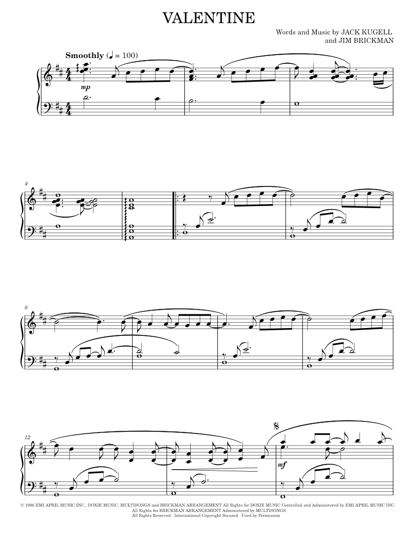 Play Official version of Valentine sheet music by Jim Brickman for ...
