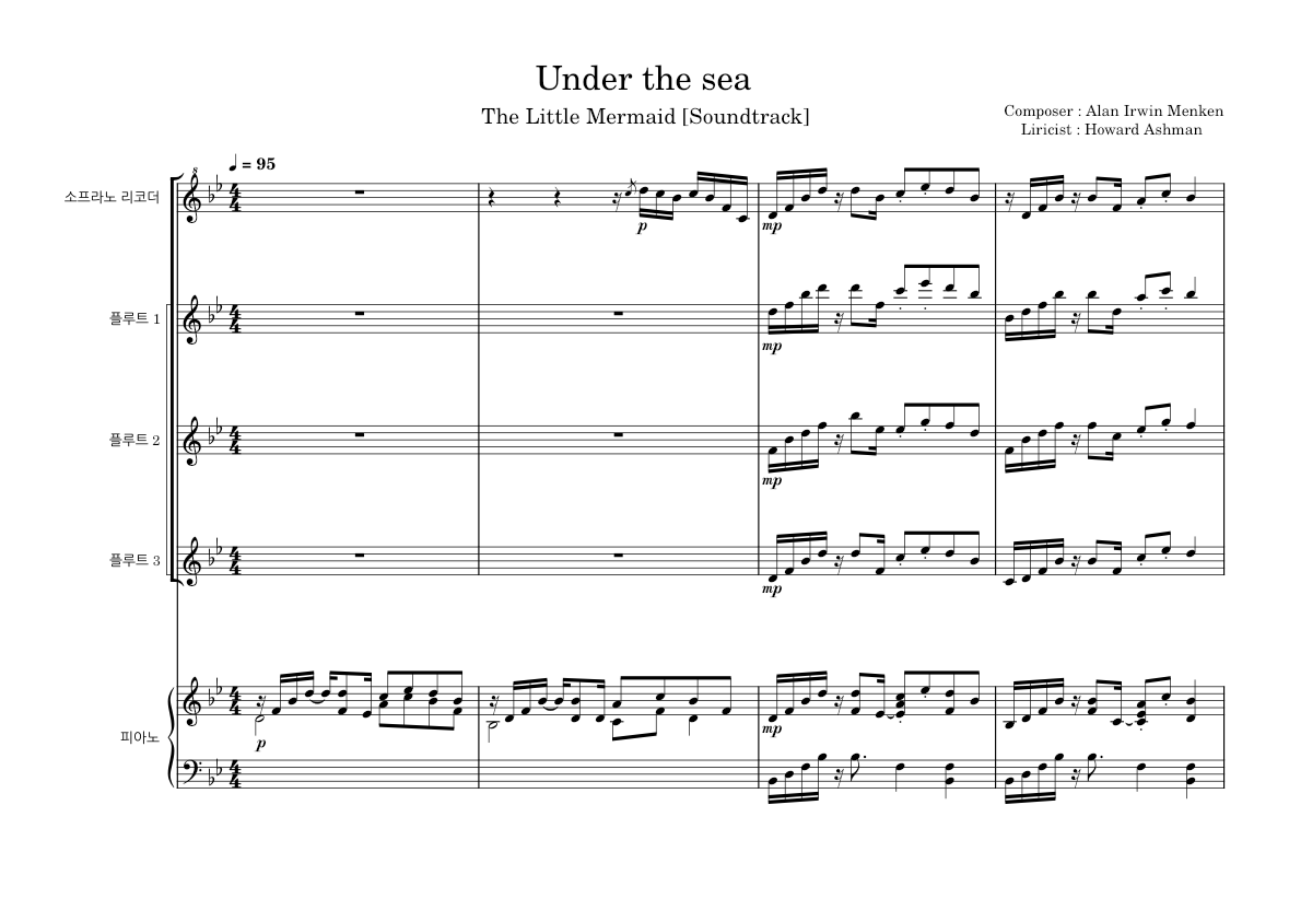 under the sea Sheet music for Piano, Flute, Recorder (Piano Quartet ...
