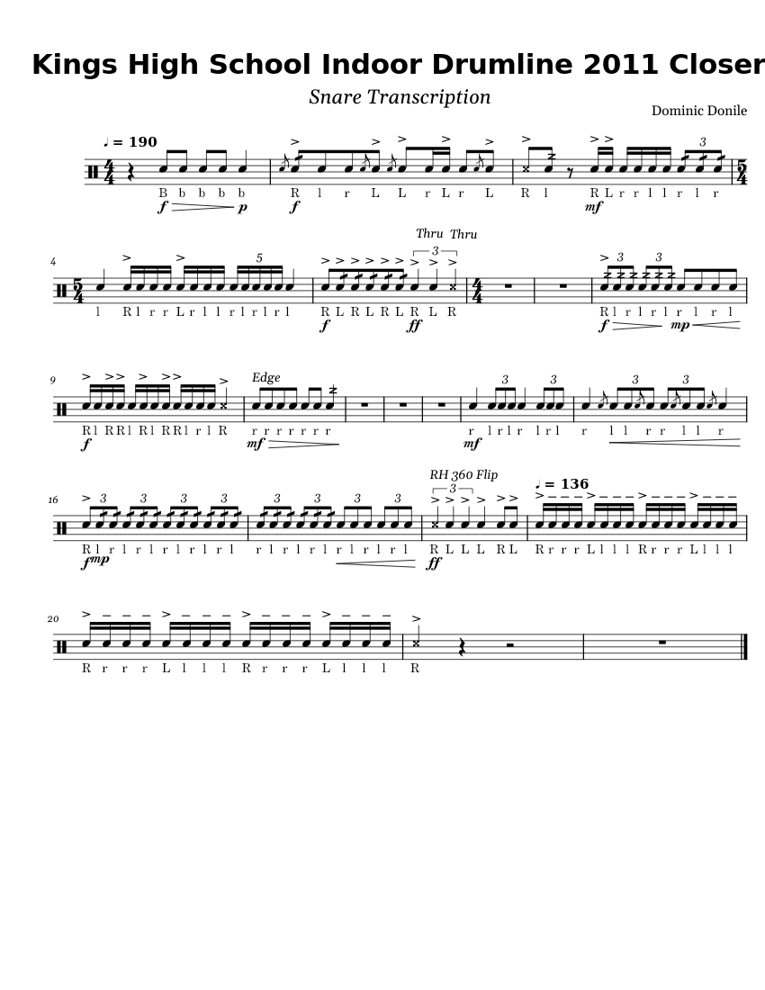 Kings High School Indoor Drumline 2011 Closer Sheet music for Snare ...