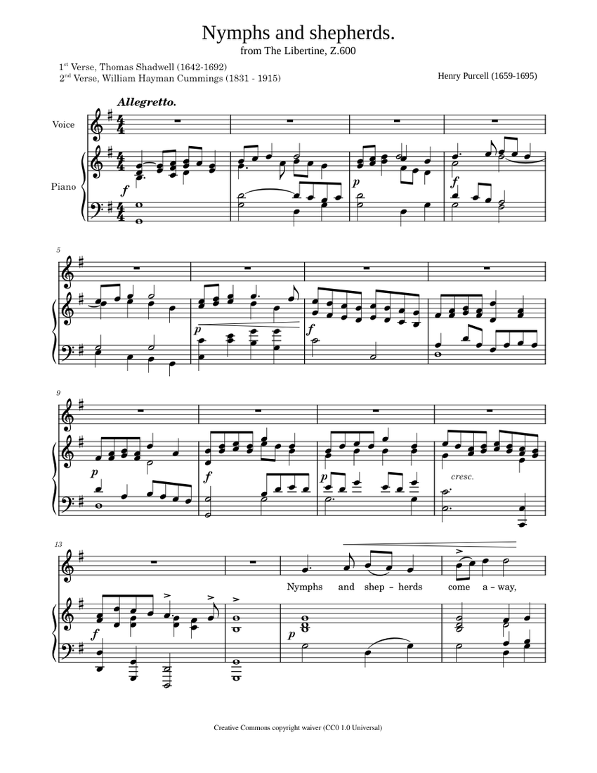 Nymphs and shepherds, Z.600 – Henry Purcell Sheet music for Piano ...