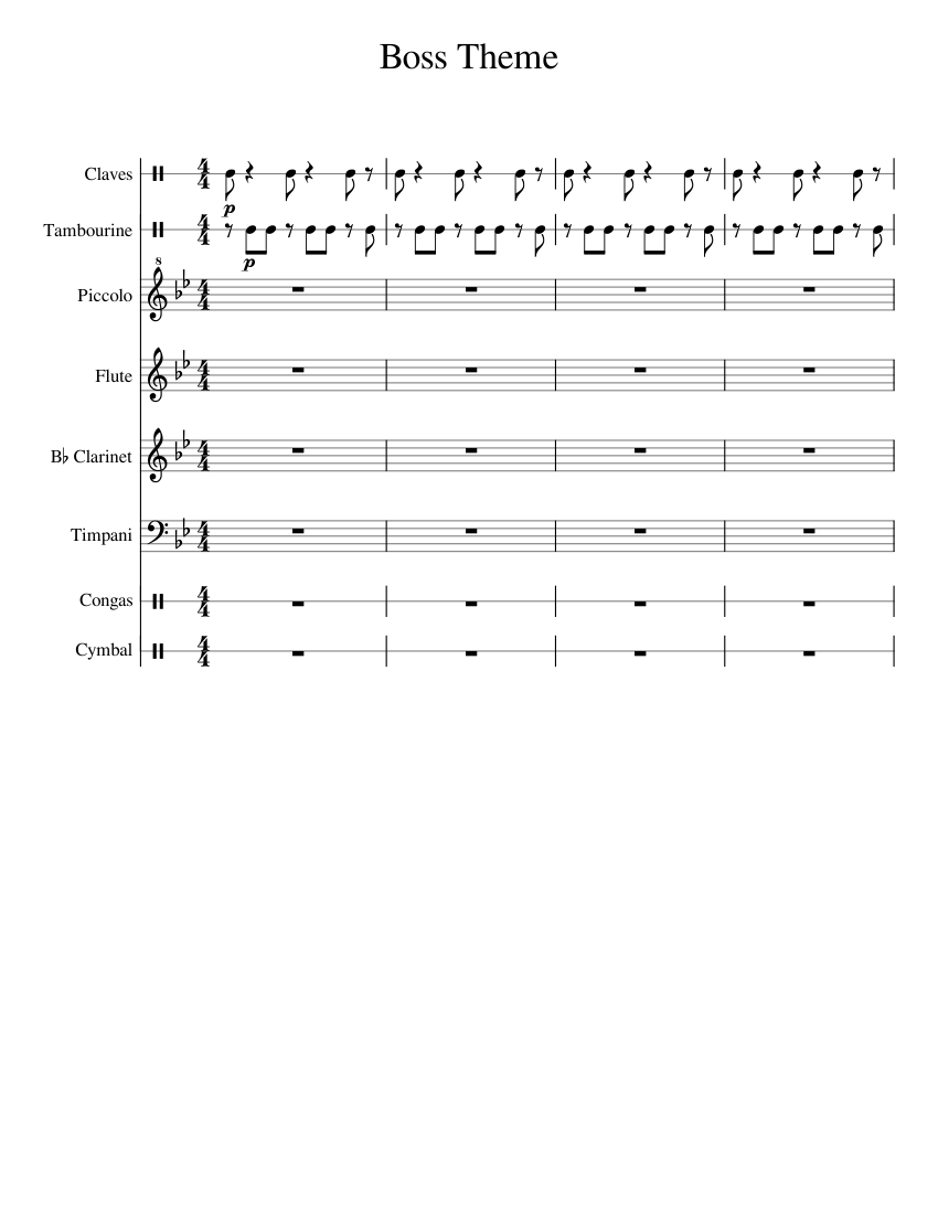 Boss Theme Sheet music for Tambourine, Flute piccolo, Flute, Clarinet ...