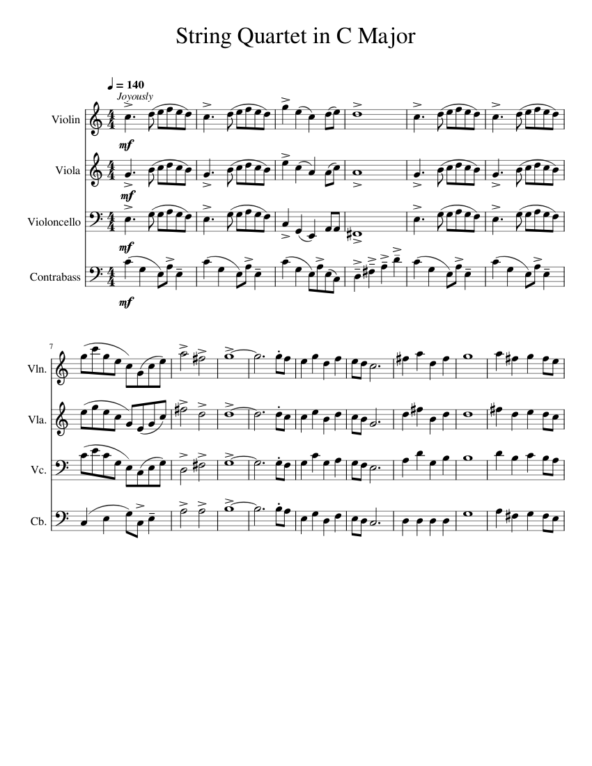 String Quartet in C Major Sheet music for Contrabass, Violin, Viola ...