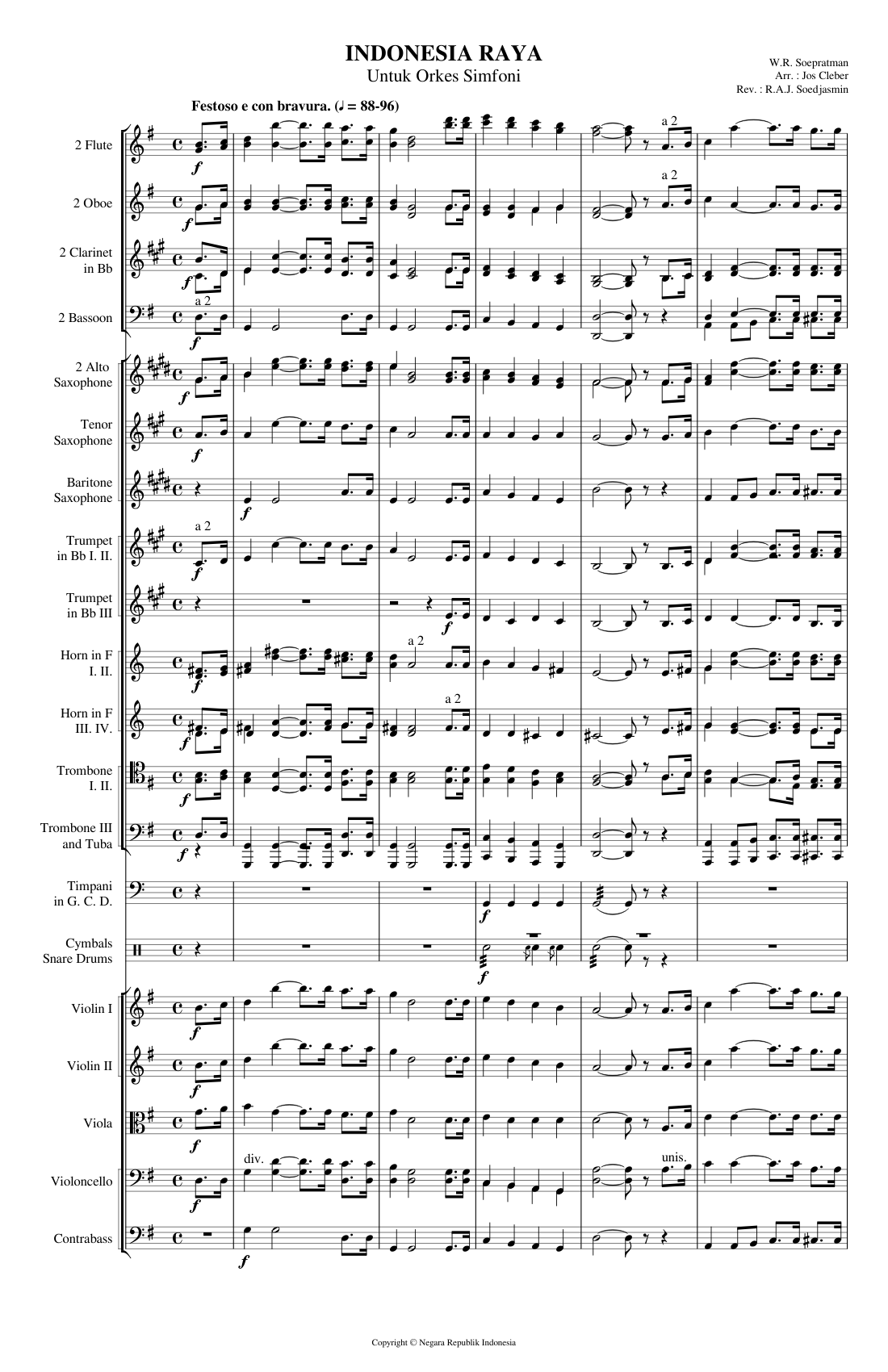 Indonesia Raya untuk Orkes Simfoni Sheet Music for Flute, Oboe, Bassoon ...