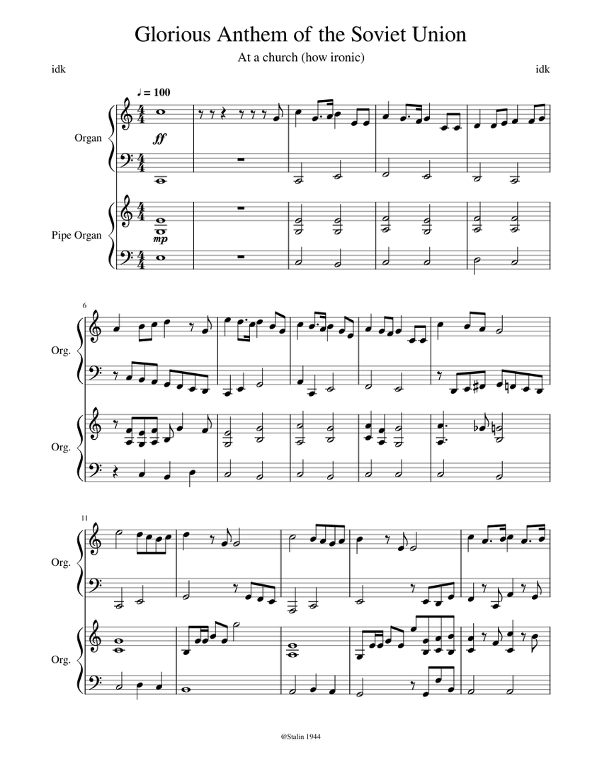 Glorious Anthem of the Soviet Union Sheet music for Organ (Mixed Duet ...