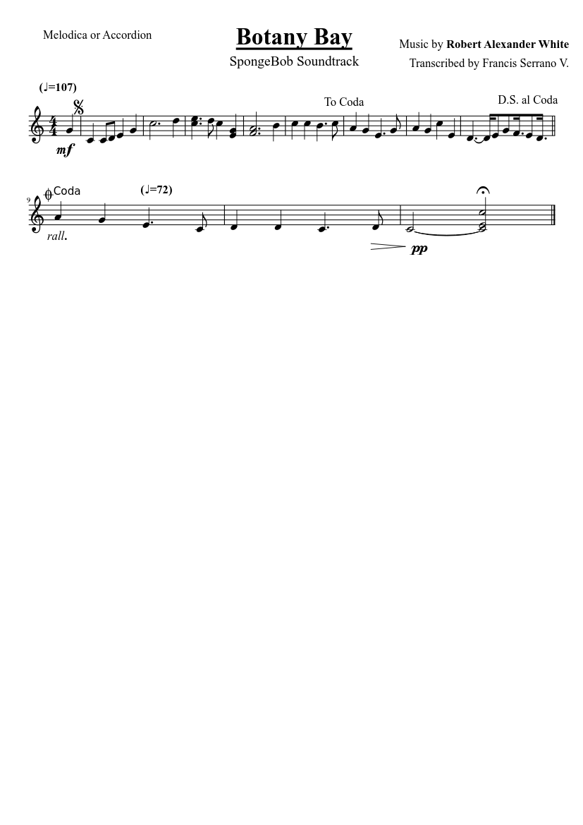 Botany Bay (SpongeBob Soundtrack) Sheet music for Bandoneon (Solo ...