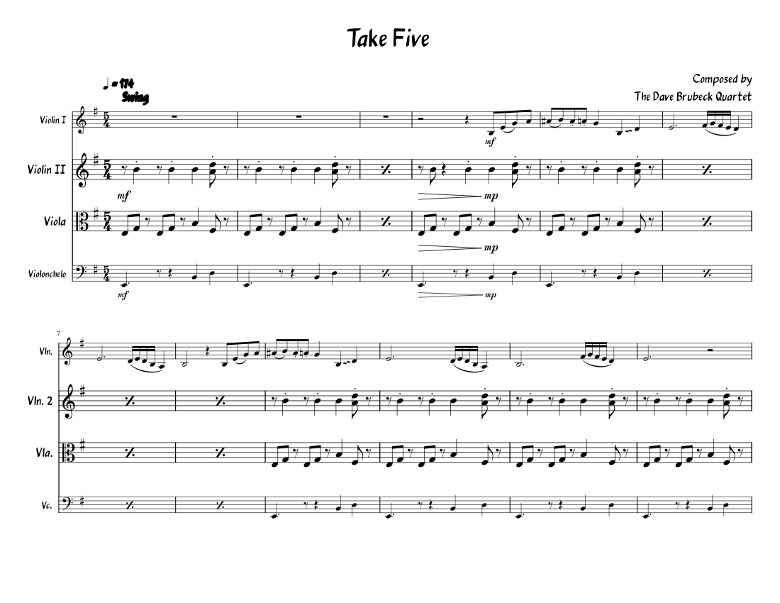 Take Five – David Brubeck Take Five - The Dave Brubeck Quartet Sheet ...