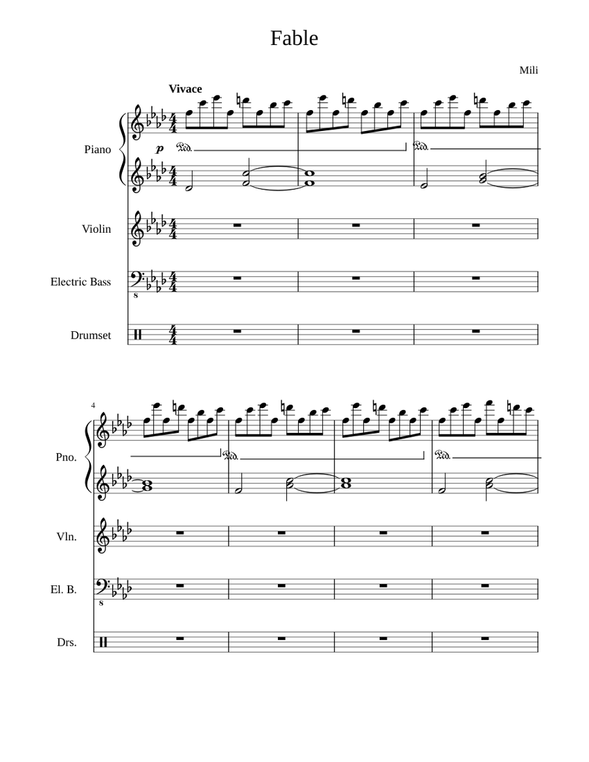 Mili - Fable Sheet music for Piano, Violin, Bass guitar (Mixed Trio ...