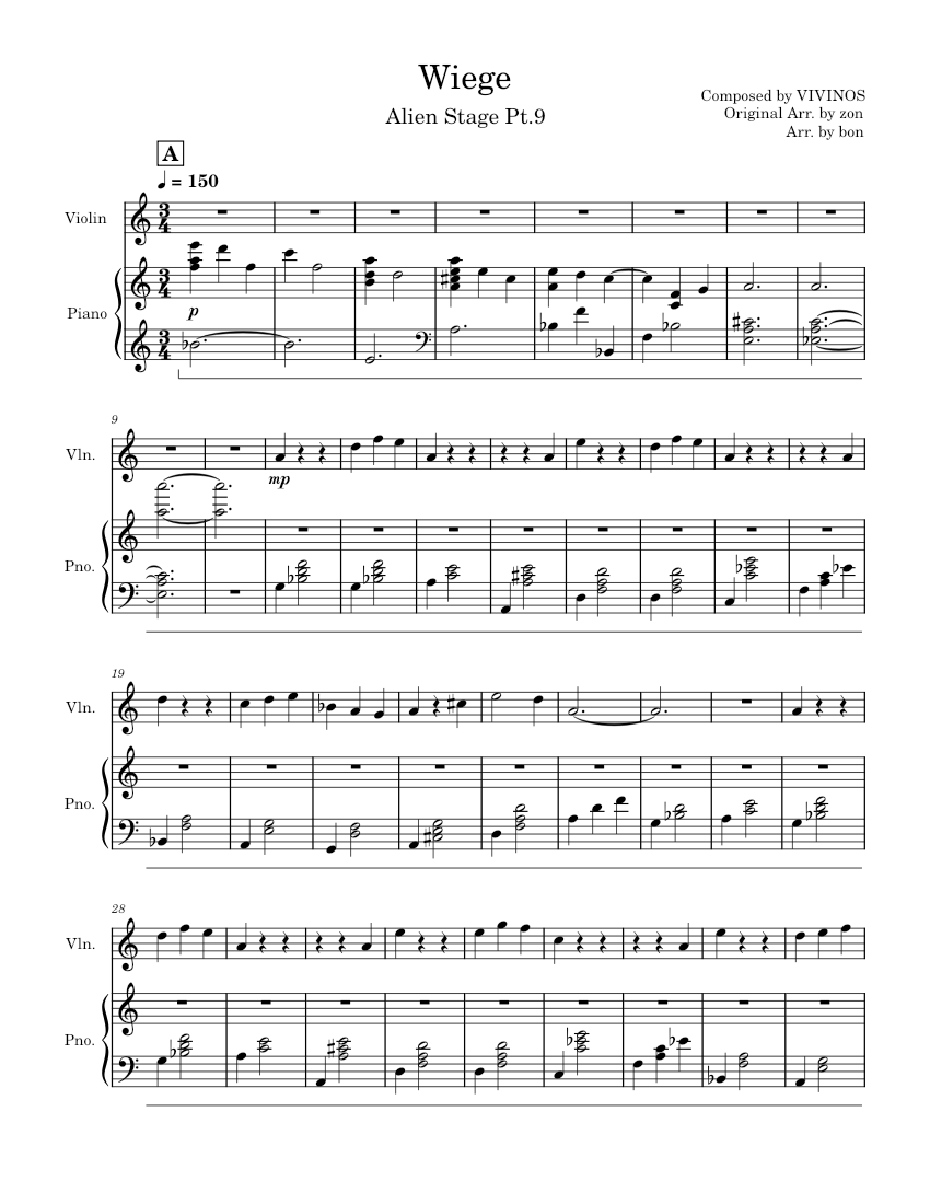 Wiege - VIVINOS || Alien Stage (duet) Sheet Music for Piano, Violin ...