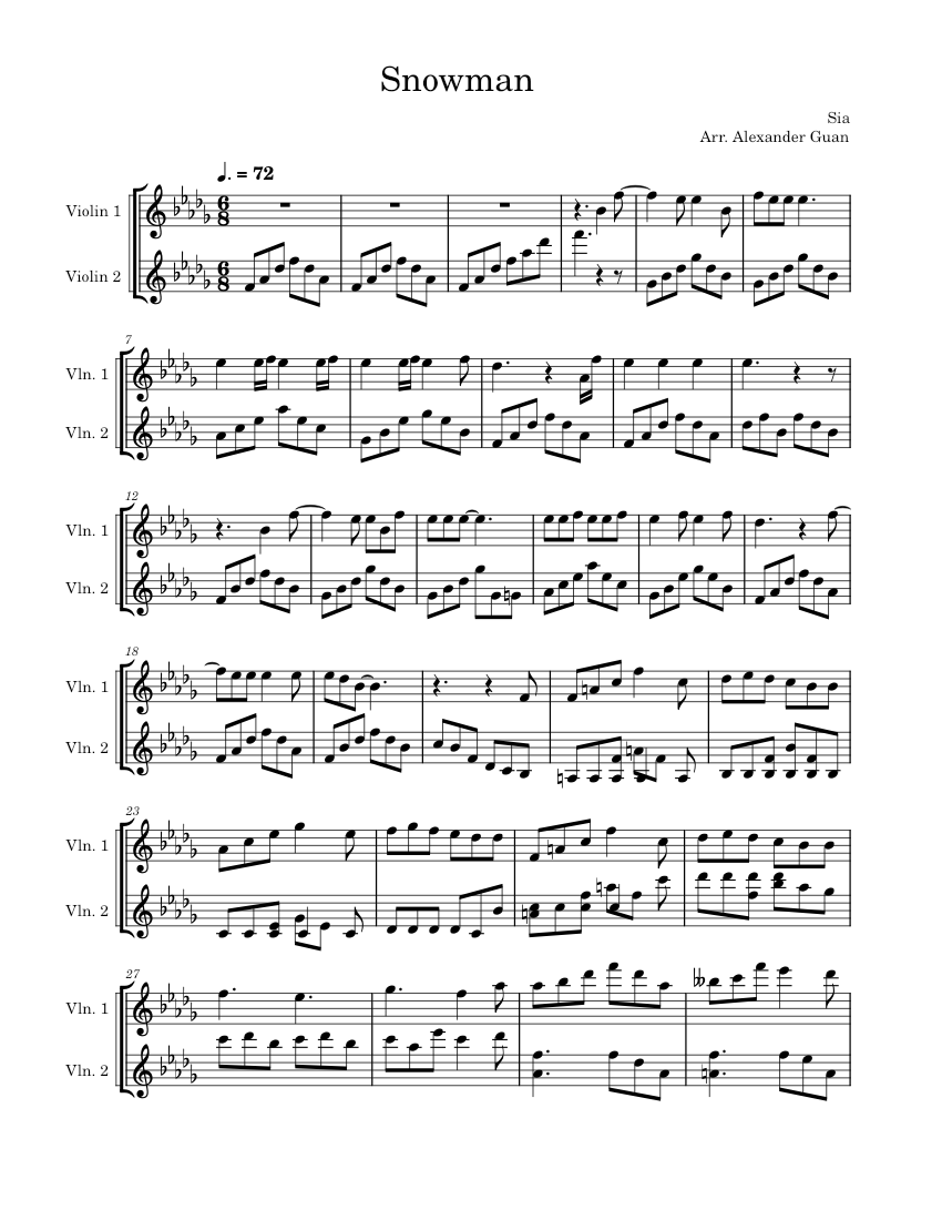 Sia - Snowman (violin) Sheet Music for Violin (String Duet) | MuseScore.com