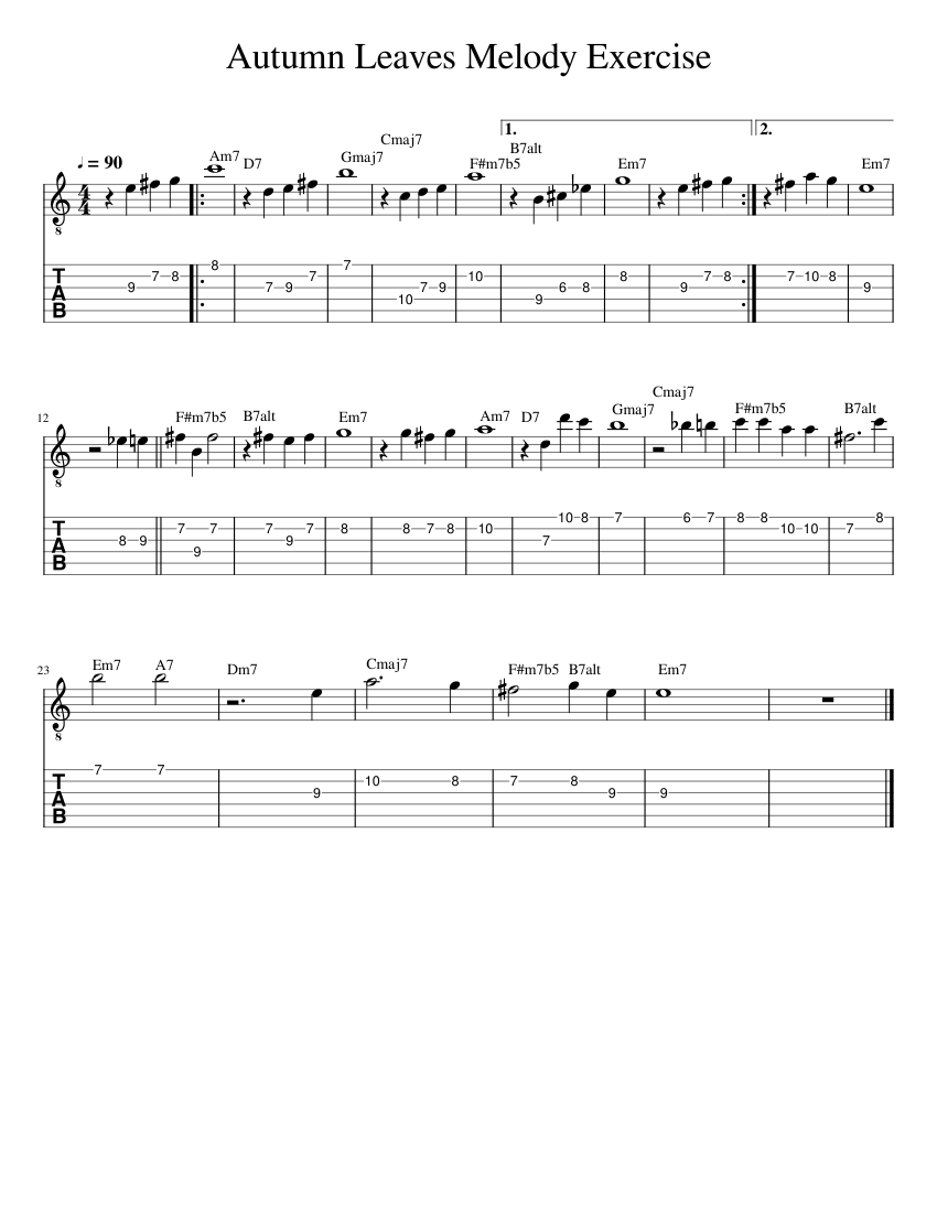 Autumn_Leaves_Melody_Exercise Sheet music for Guitar (Solo) | Musescore.com