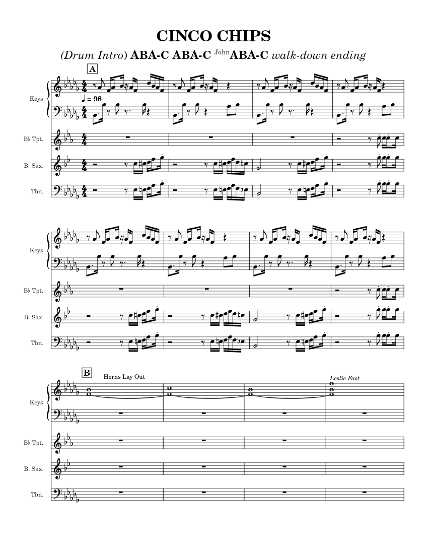 Cinco Chips Chart Sheet music for Piano, Trombone, Saxophone baritone, Trumpet in b-flat (Mixed ...
