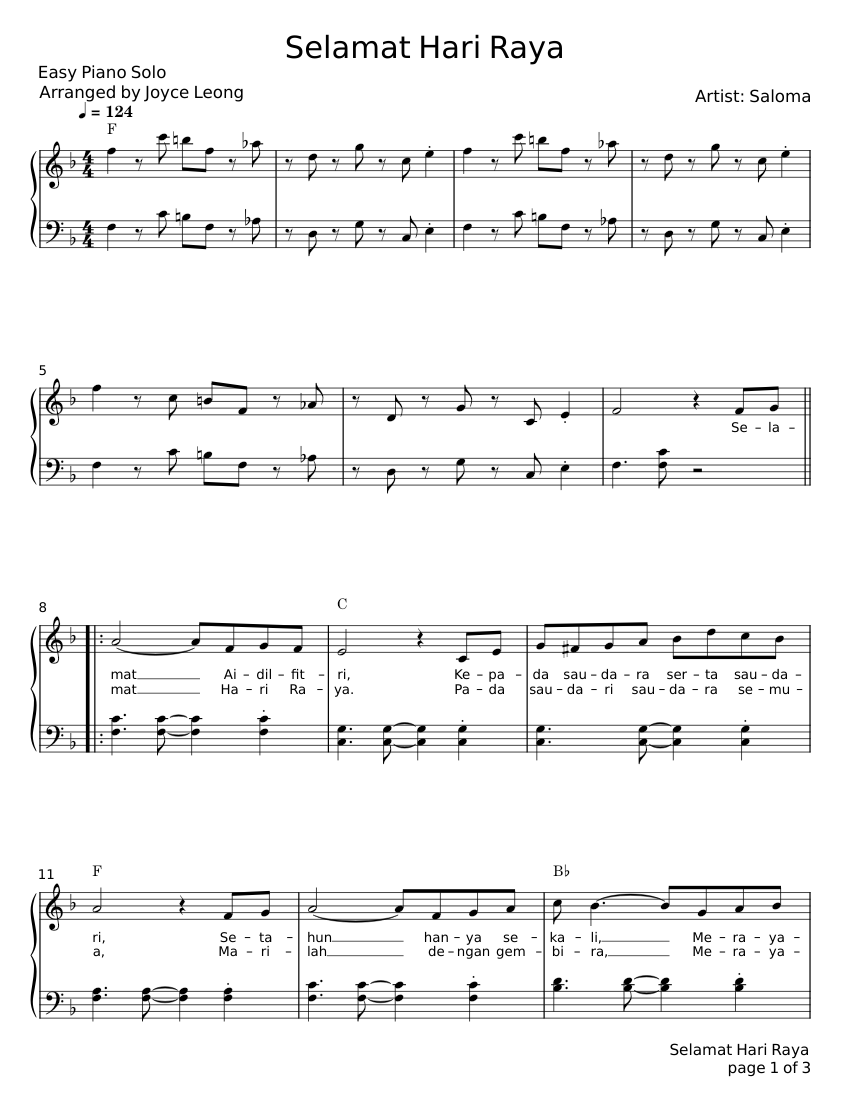 Selamat hari raya - Saloma Sheet Music with Chords for Piano (Solo ...