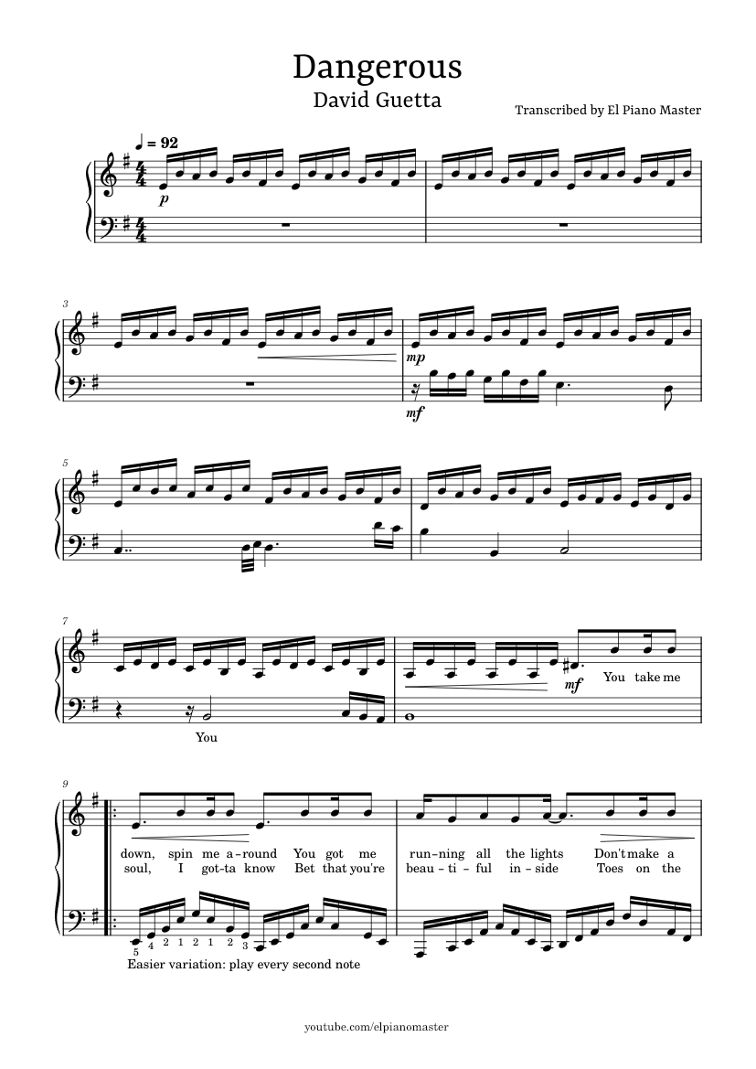 Dangerous – David Guetta Sheet music for Piano (Solo) | Musescore.com
