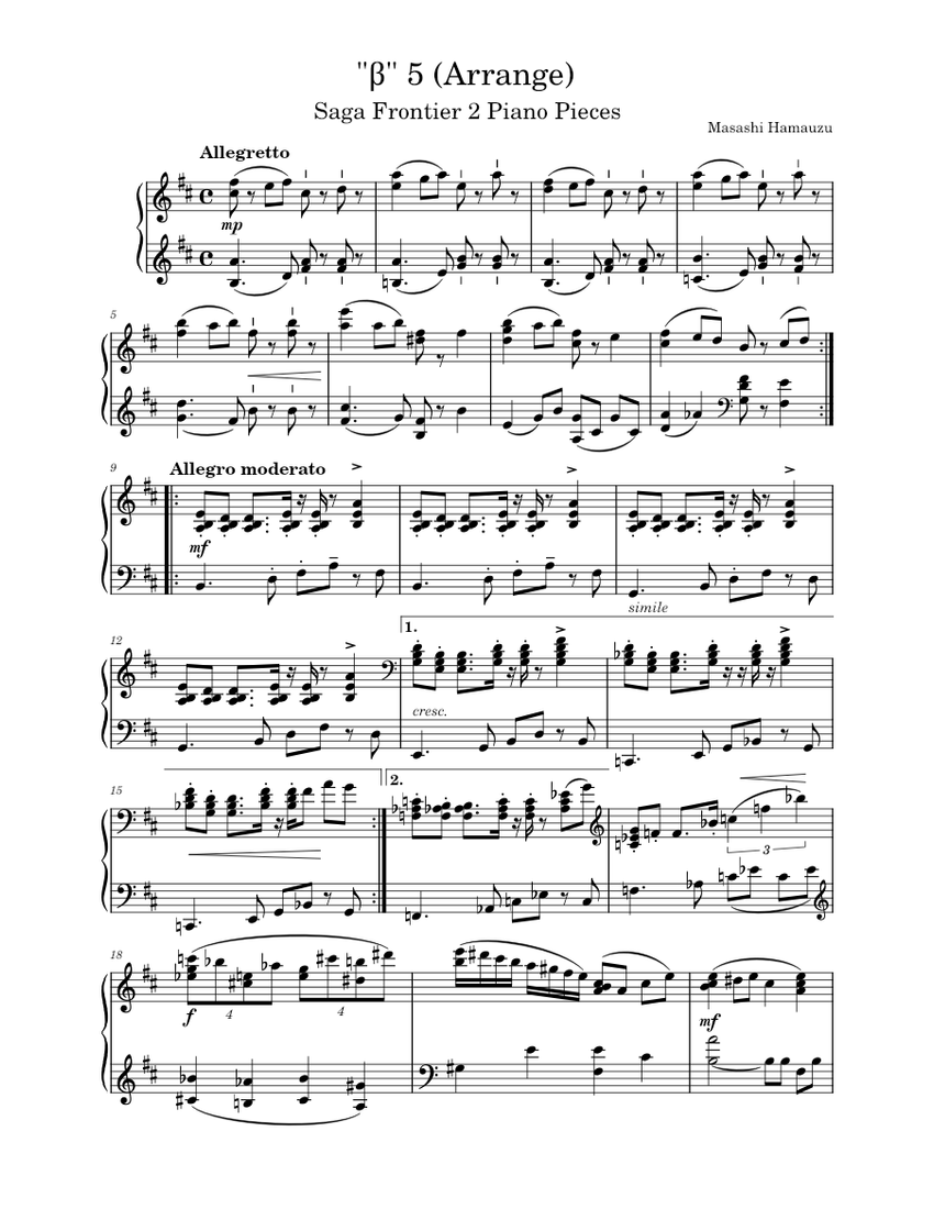 "β" 5 (Arrangement) – Masashi Hamauzu "β" 5 (Arrange) Sheet music for ...
