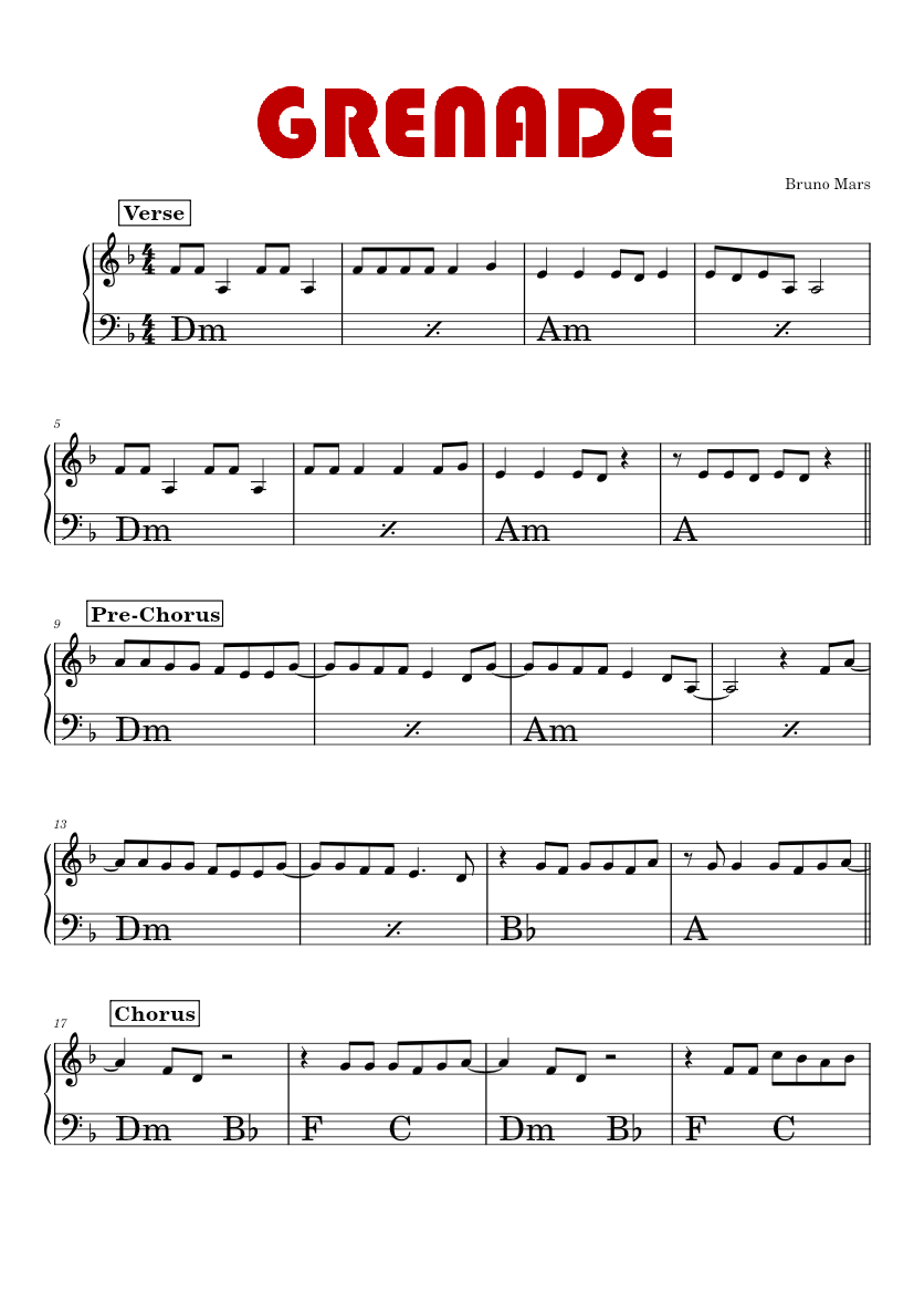 Grenade – Bruno Mars Sheet Music with Chords for Piano (Solo) Easy ...