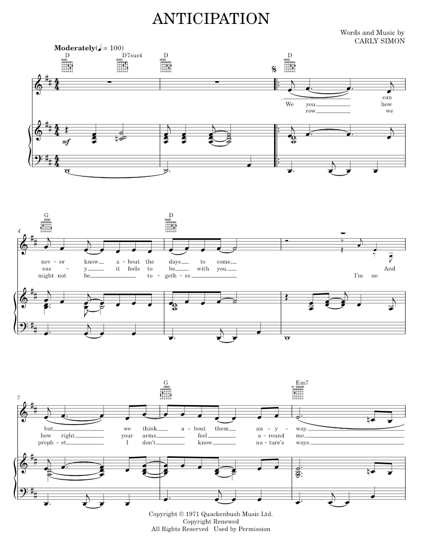 anticipation Sheet music for Piano, Vocals by Carly Simon Official ...