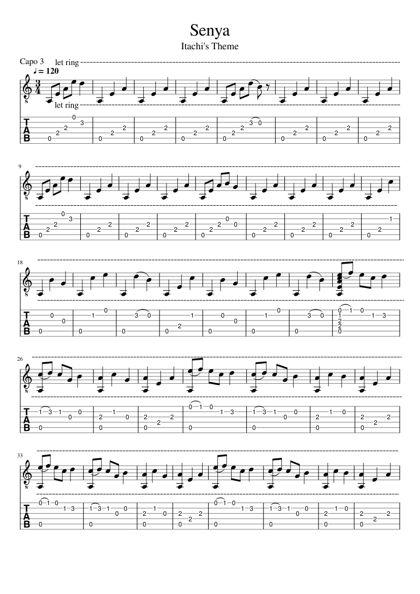 Senya Itachis Theme - Naruto Sheet Music and Tab for Guitar (Solo ...