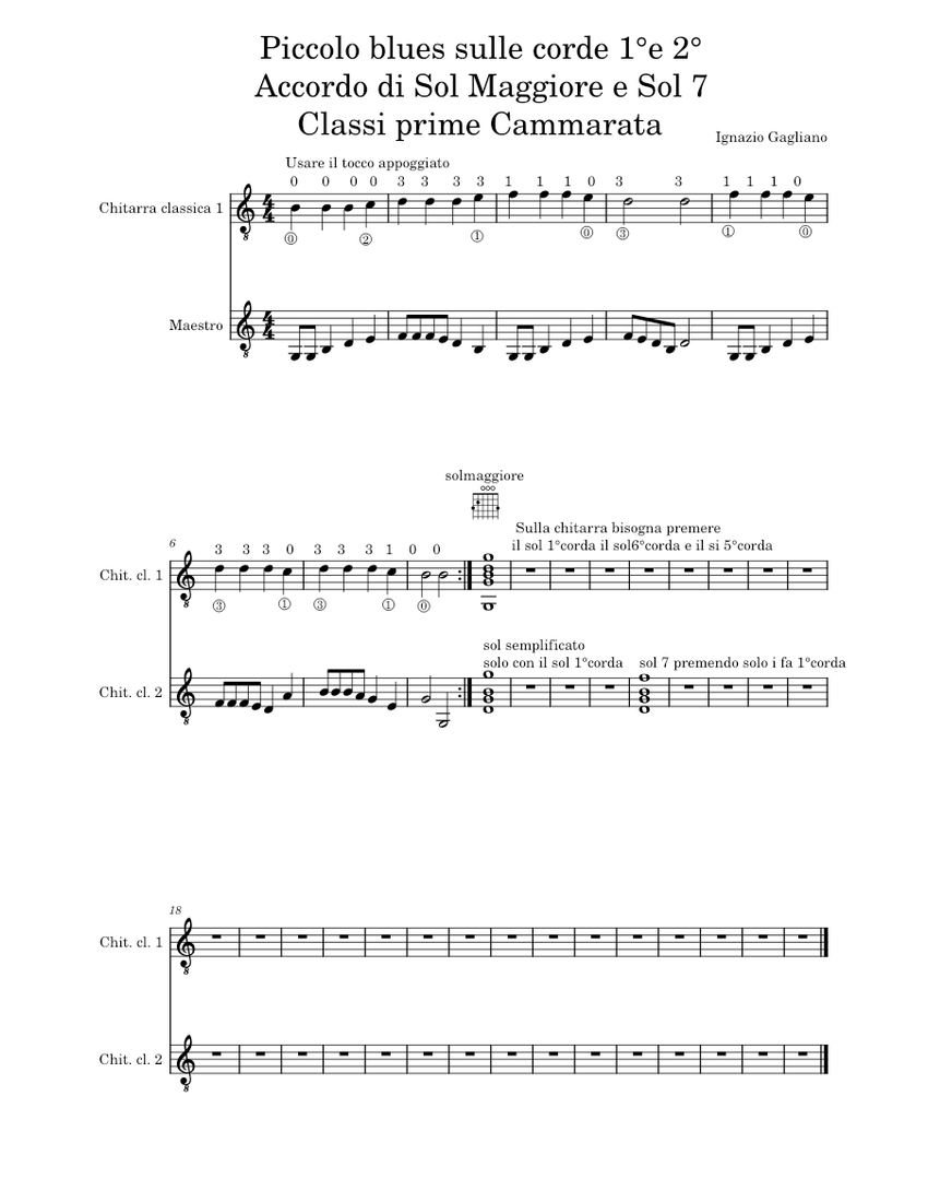 piccolo blues sulle corde 1°e 2° accordo di Sol Maggiore e Sol 7 Sheet ...