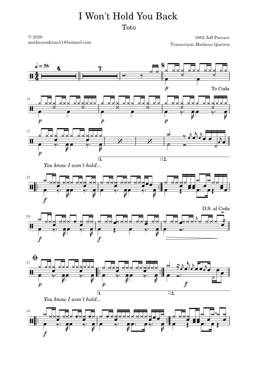 I Wont Hold You Back Toto Sheet Music For Drum Group Percussion I Wont Hold You Back Toto Sheet Music For Drum Group Percussion