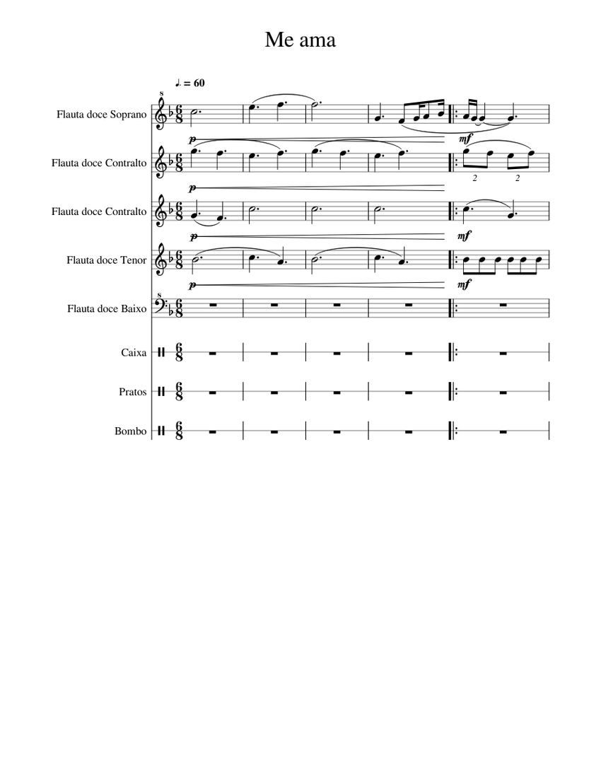Me ama flauta Sheet music for Snare Drum, Bass Drum, Crash, Recorder (Mixed Ensemble) | Download ...