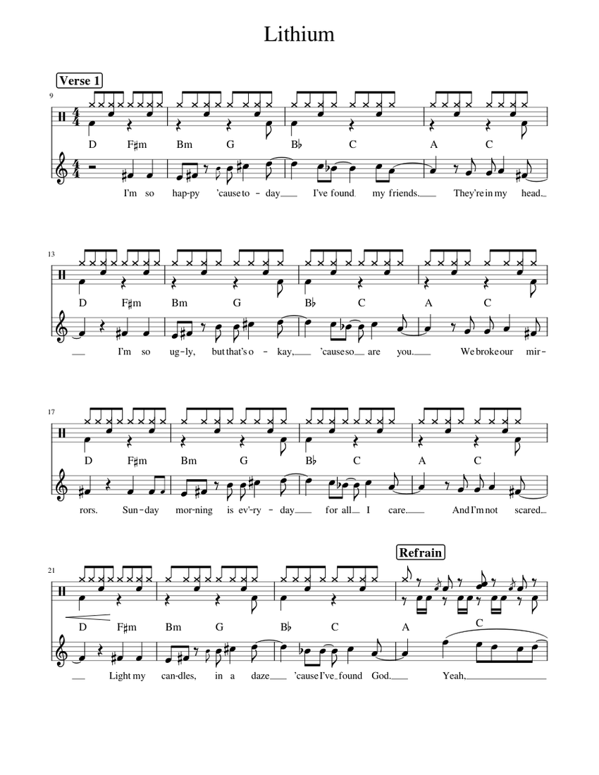 Lithium – Nirvana Drums and Leadsheet Sheet music for Soprano, Drum ...
