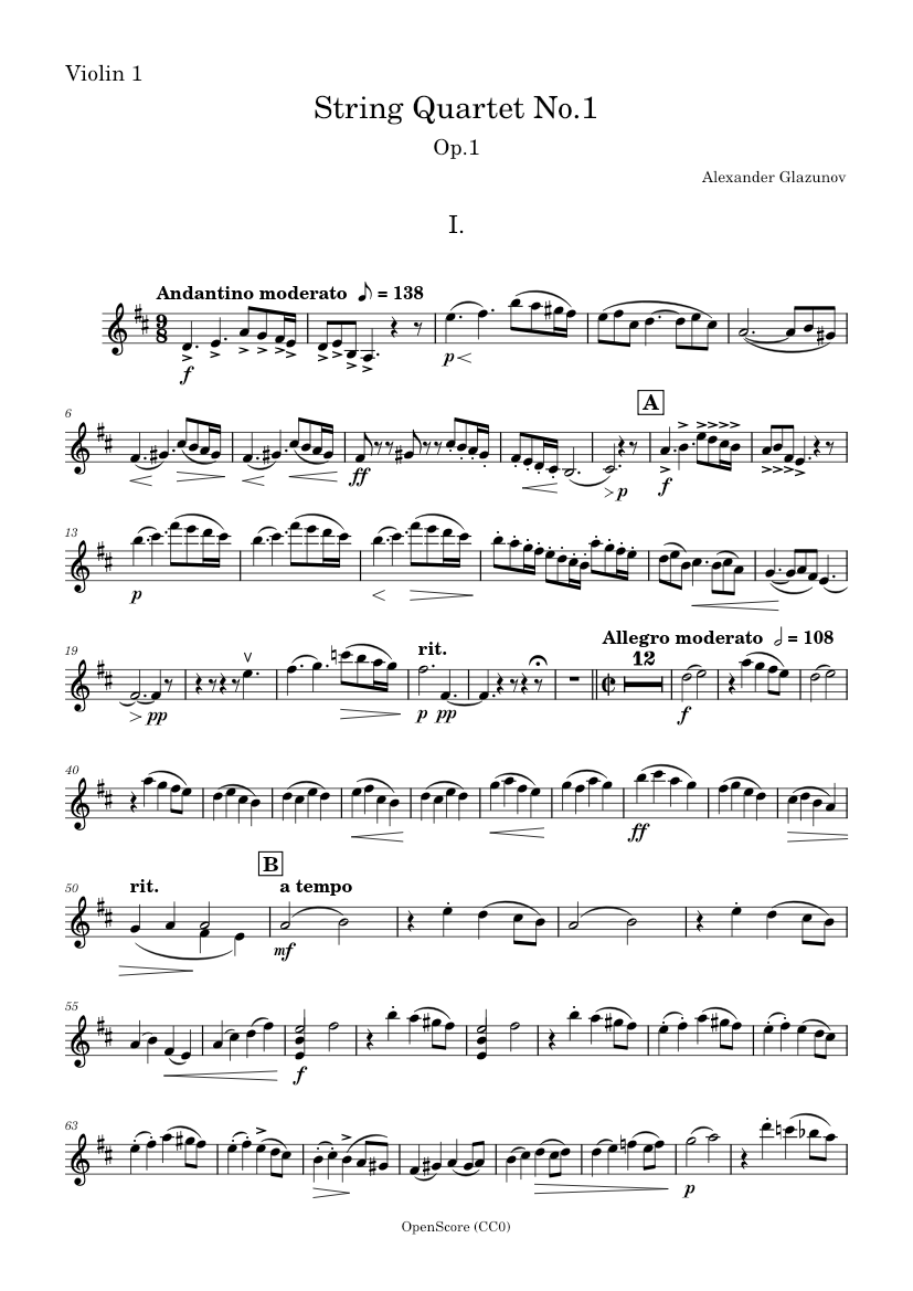 String Quartet No.1, Op.1 – Aleksandr Glazunov - Violin 1 PART Sheet music for Violin (String ...