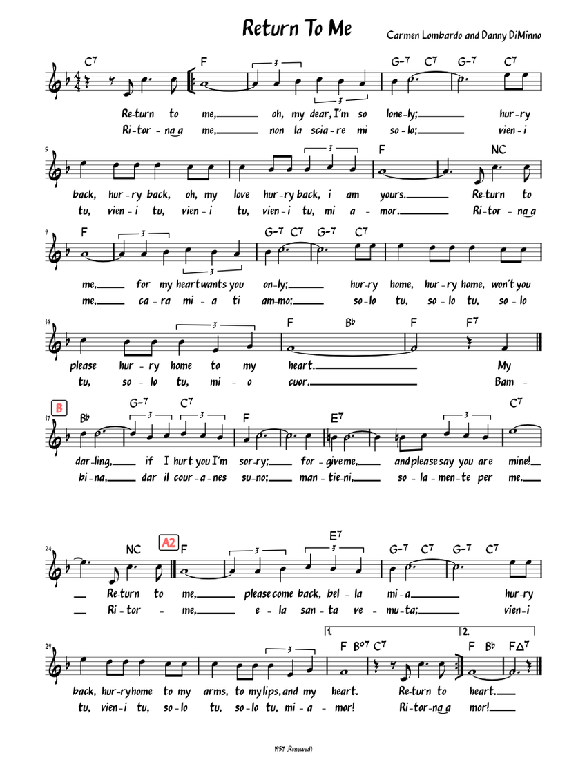 Return To Me (Lead sheet with lyrics ) Sheet music for Piano (Solo ...