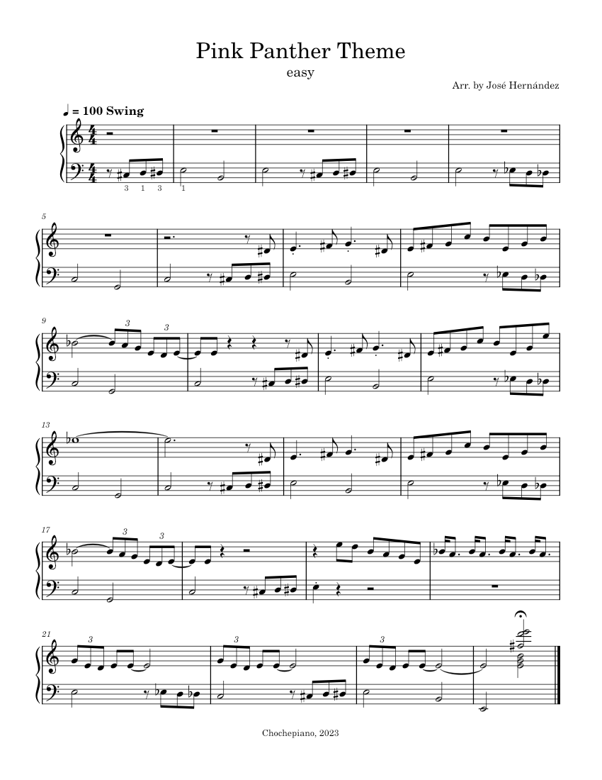 The Pink Panther Theme – Henry Mancini easy piano arrangement Sheet ...