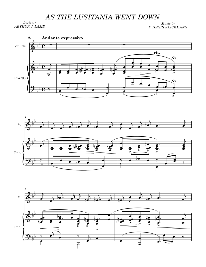 As The Lusitania Went Down – F. Henri Klickmann Sheet Music for Piano ...