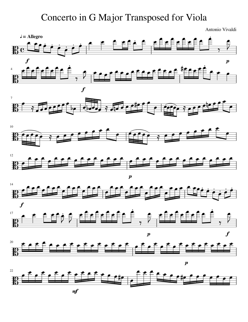 Concerto in G Major transposed for Viola Sheet music for Viola (Solo ...