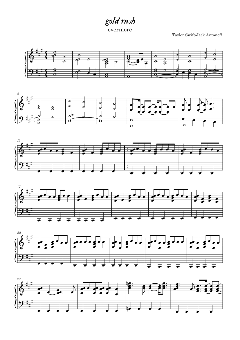 Gold Rush - Taylor Swift Sheet Music for Piano (Piano-Voice) easy ...