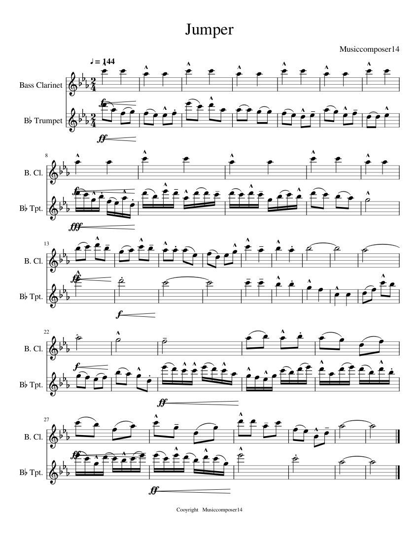 Jumper Sheet music for Clarinet bass, Trumpet in b-flat (Mixed Duet ...