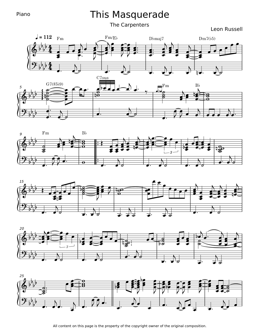 This masquerade - Leon Russell Sheet music for Piano (Piano Duo ...