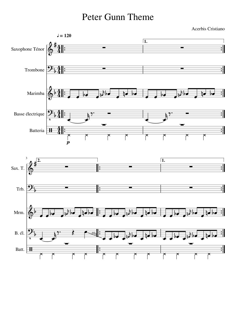 Peter Gunn Theme Sheet music for Trombone, Saxophone tenor, Bass guitar, Drum group & more ...