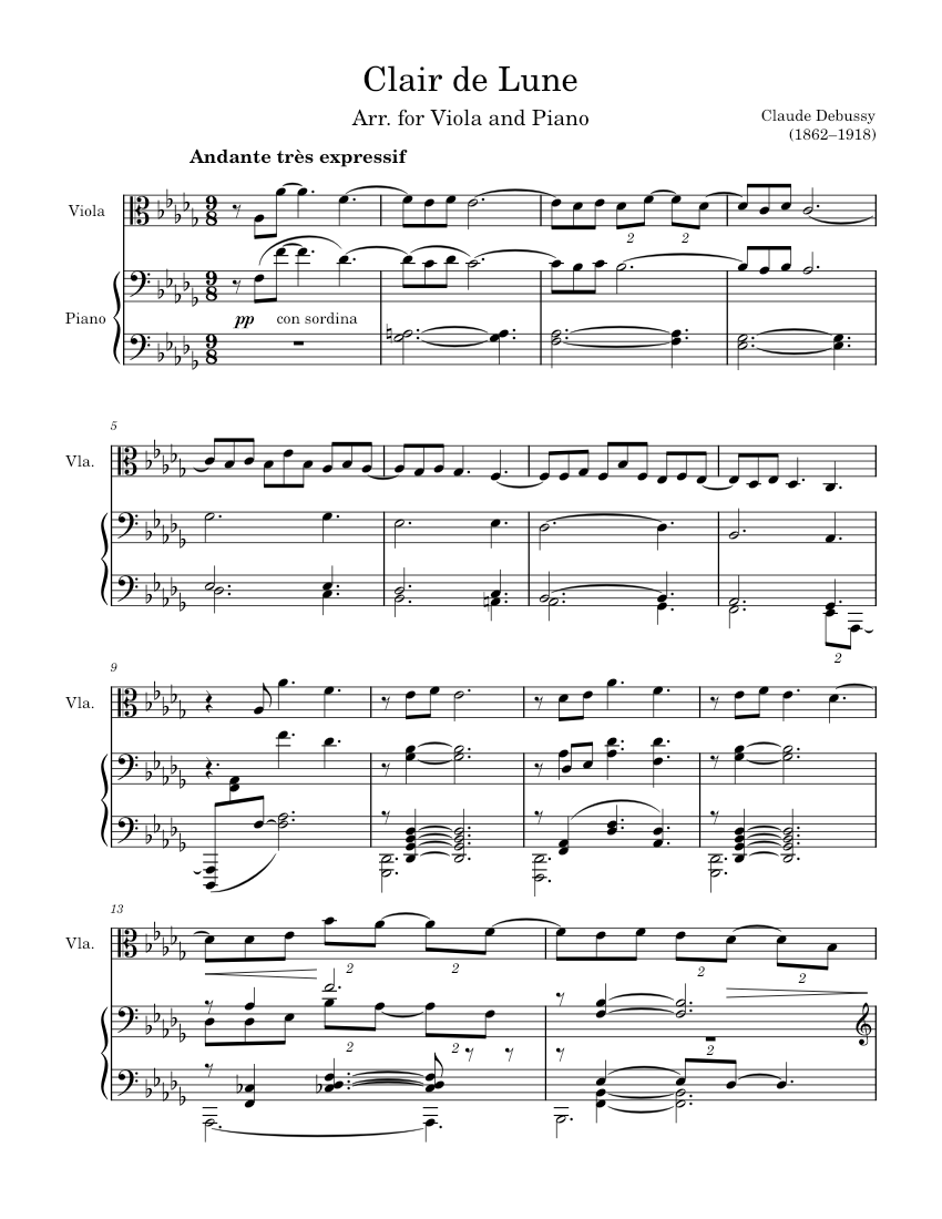Clair de lune - Claude Debussy (Arr. Viola and Piano) Sheet Music for ...