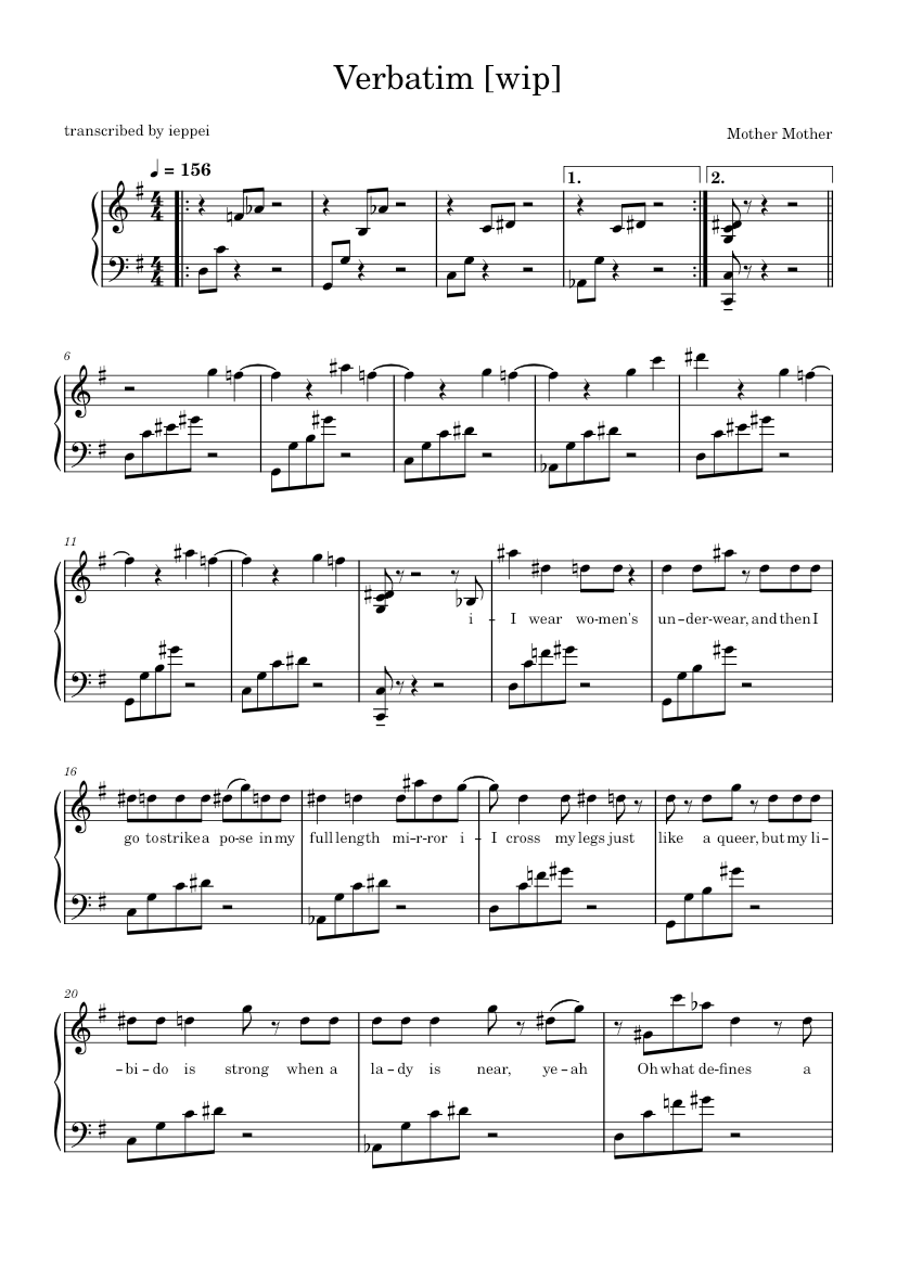 [wip] Verbatim – Mother Mother Sheet Music for Piano (Solo) easy ...