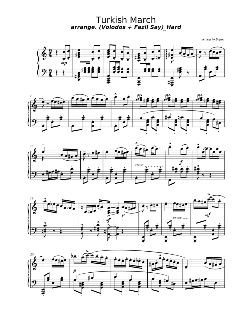 Trukish March Volodos+Fazil Say arrange Hard Sheet music for Piano ...