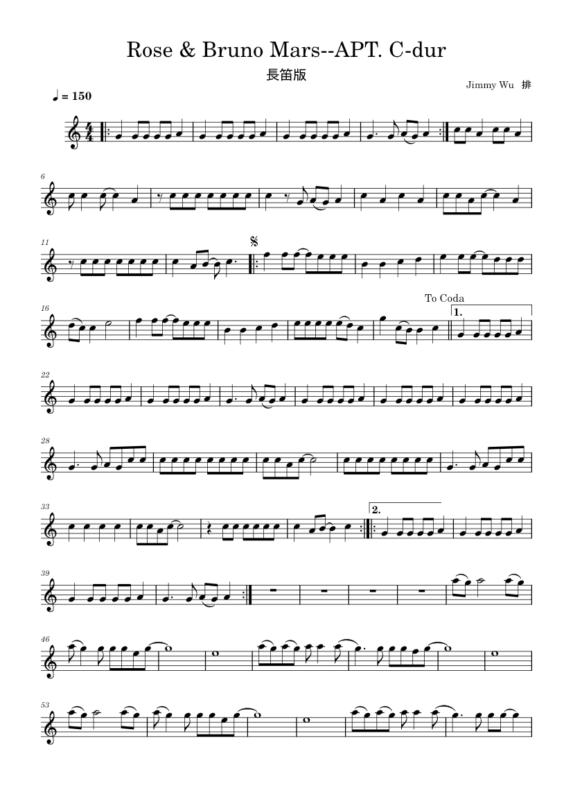 Rose & Bruno Mars--APT. C-dur Sheet Music for Flute (Solo) | MuseScore.com
