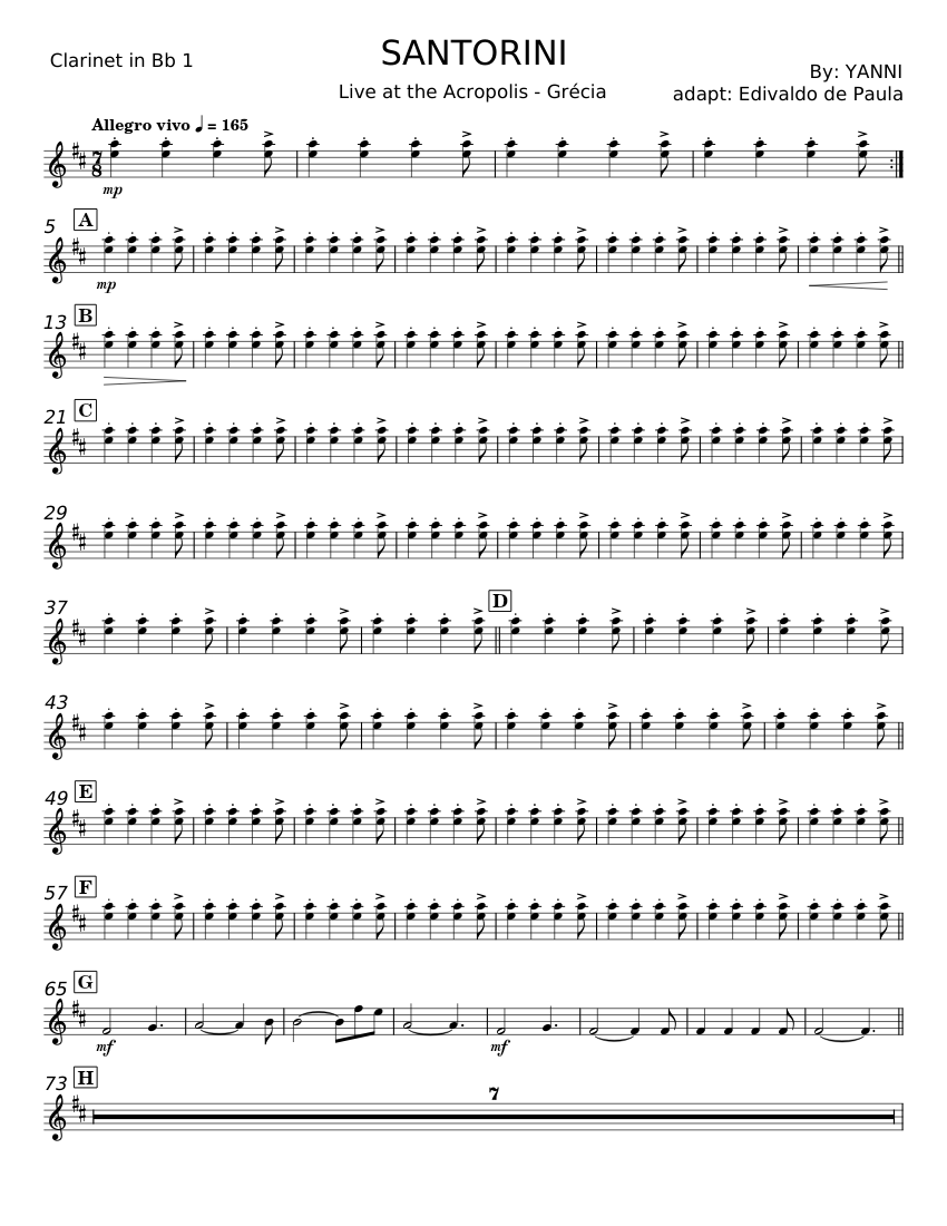 Santorini - Yanni Sheet music for Clarinet in b-flat (Solo) | Musescore.com