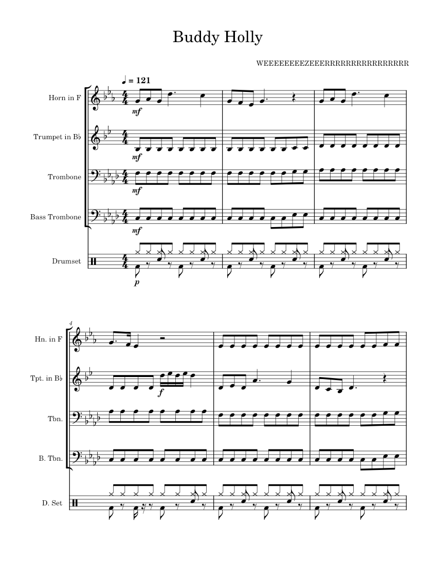 Buddy Holly – Weezer BUDDY HOLLY Sheet Music for Trombone, French horn ...