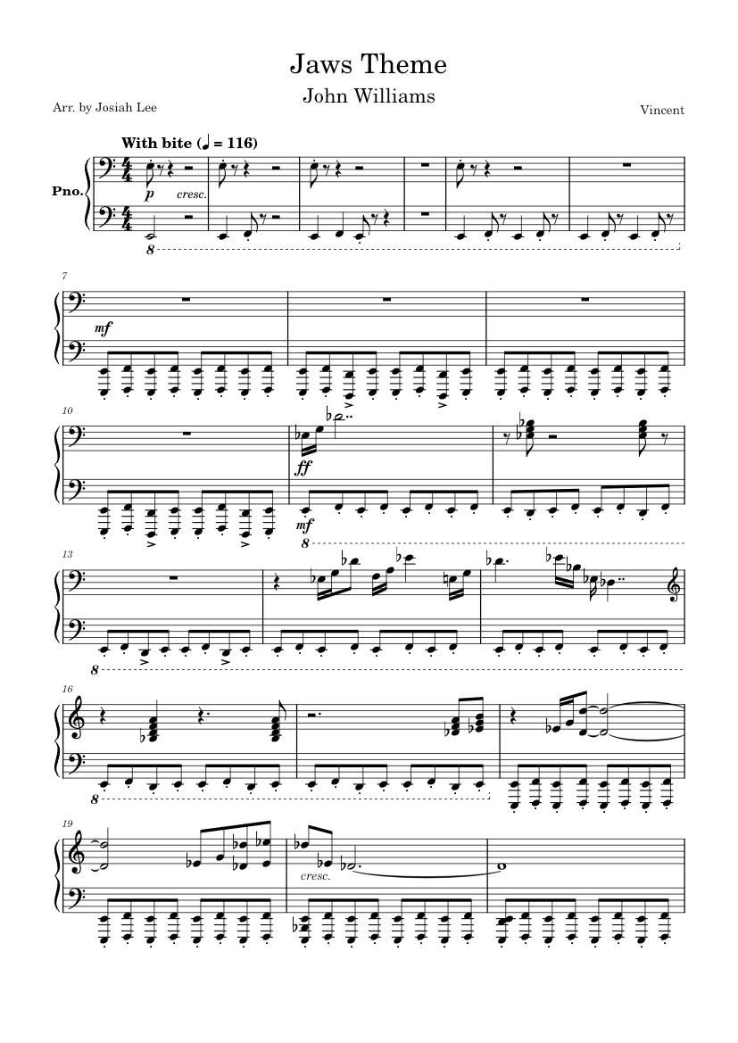 John Williams - Jaws Theme Sheet Music for Piano (Solo) | MuseScore.com