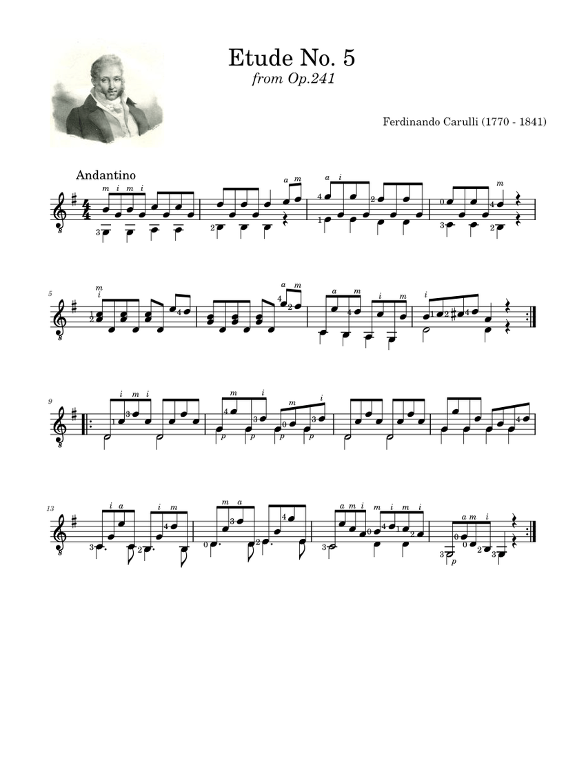 Etude No. 5 - Op. 241 (Andantino) – Ferdinando Carulli Sheet music for Guitar (Solo) | Musescore.com