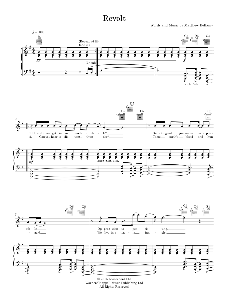Play Official version of Revolt Sheet Music by Muse for Piano, Vocals ...