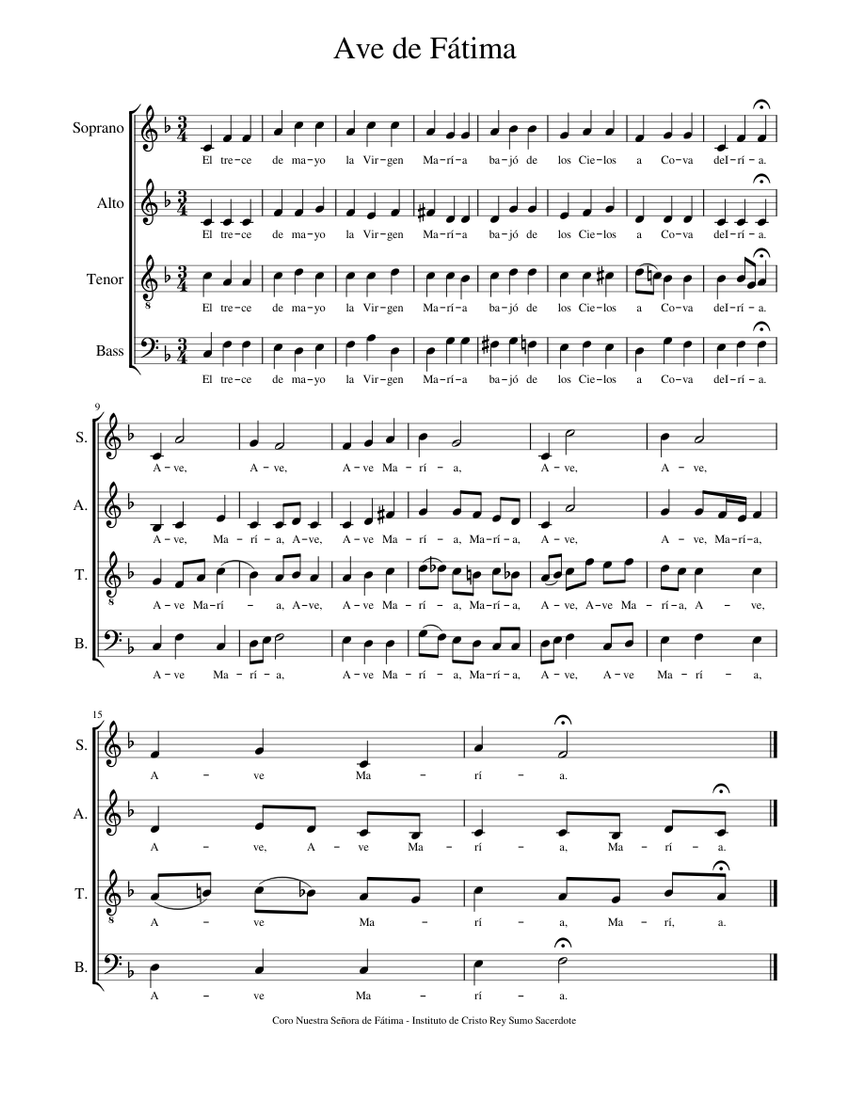 Ave de Fátima Sheet music for Soprano, Alto, Tenor, Bass voice (Choral ...
