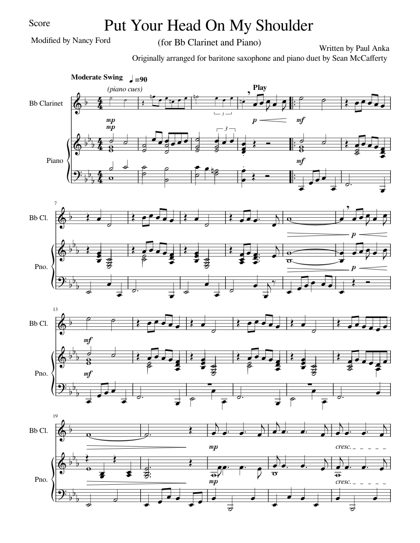 Put Your Head On My Shoulder - Paul Anka (Bb Clarinet and Piano) Sheet ...