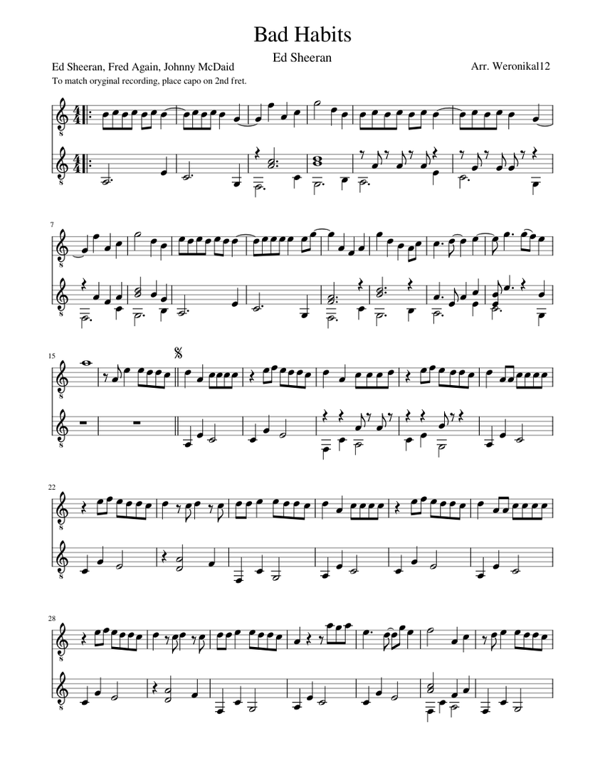 Bad Habits – Ed Sheeran (guitar duo) Sheet music for Guitar (Mixed Duet ...